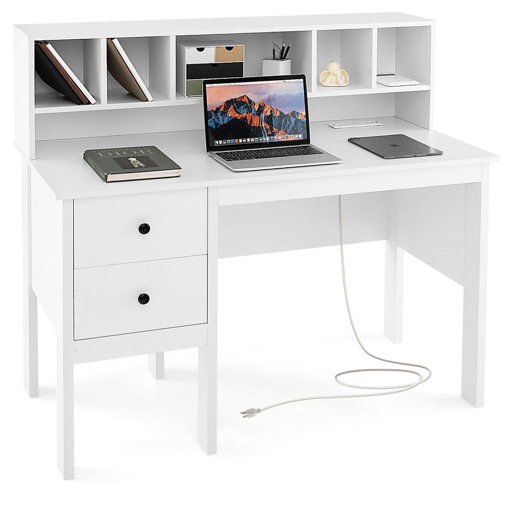 48 Inch Computer Desk With Drawers Power Outlets And 5-cubby Hutch