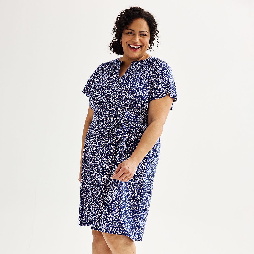 Plus Size Croft & Barrow® Smocked Button Front Tie Waist Short Sleeve Dress