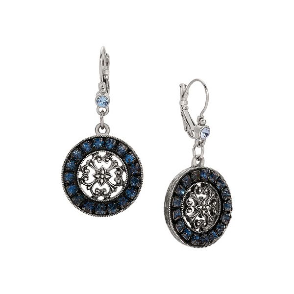 1928 Pewter Blue Crystal Round Drop Leverback Earrings