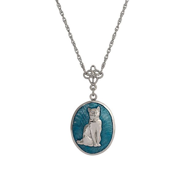 1928 Silver Tone Blue Enamel Oval Cat Locket Necklace