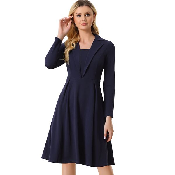 Women's Elegant Office Dresses Square Neck Long Sleeve Pleated A-line Dress