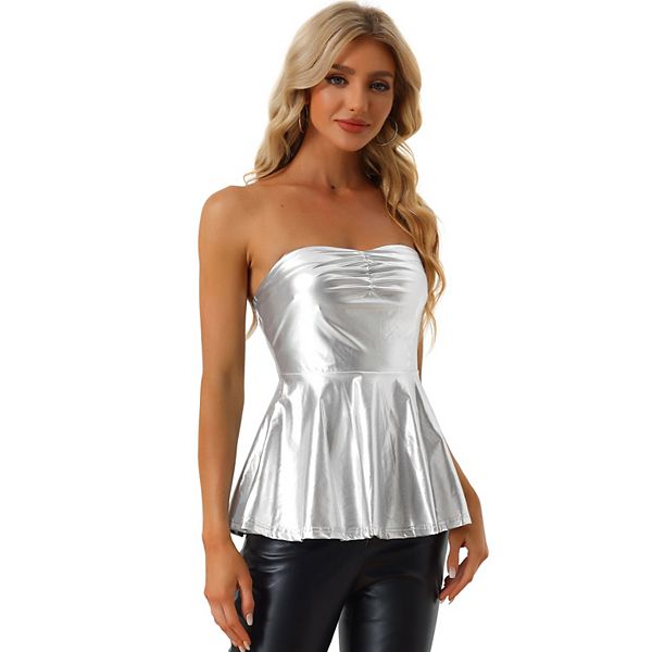 Women's Strapless Shiny Metallic Party Clubwear Peplum Top