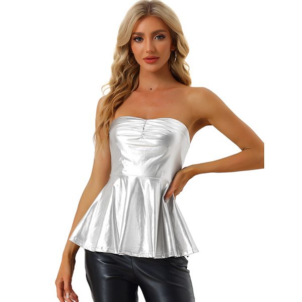 Women's Strapless Shiny Metallic Party Clubwear Peplum Top