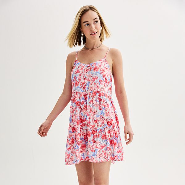 Juniors' Pink Republic V-Neck Button Front Tiered Mini Dress