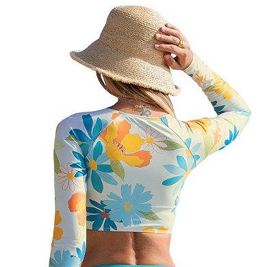 Women's Cupshe Minimal Floral Print Cropped Long Sleeve Swim Rashguard Top