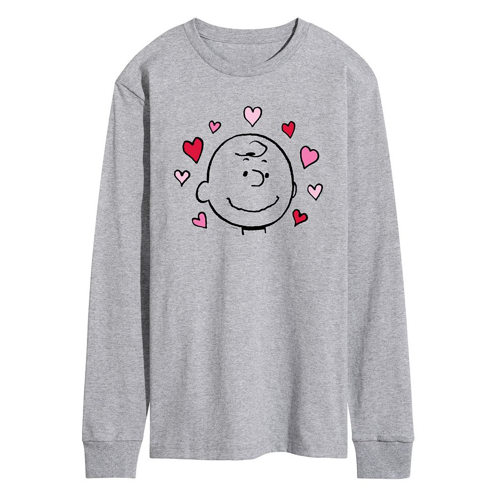 Men's Peanuts Charlie Face with Hearts Long Sleeve Graphic Tee