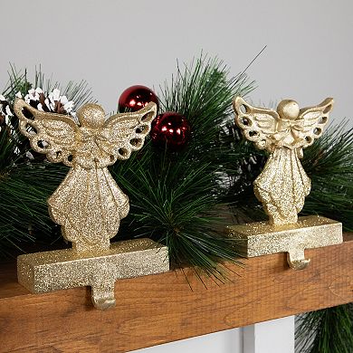 Set of 2 Gold Angel Glittered Christmas Stocking Holders 5.5"