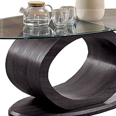 Tempered Glass Top Coffee Table with O Shape Wooden Shape Base, Gray