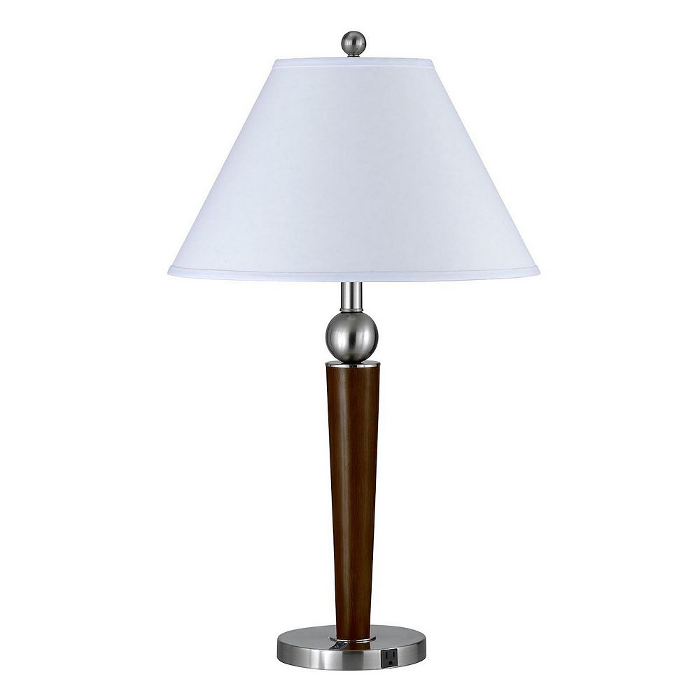 2 Bulb Wooden Body Table Lamp with Fabric Tapered Shade, White and Brown