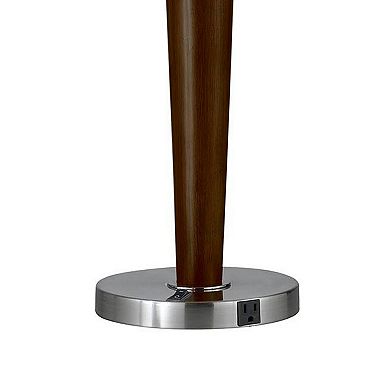 2 Bulb Wooden Body Table Lamp with Fabric Tapered Shade, White and Brown