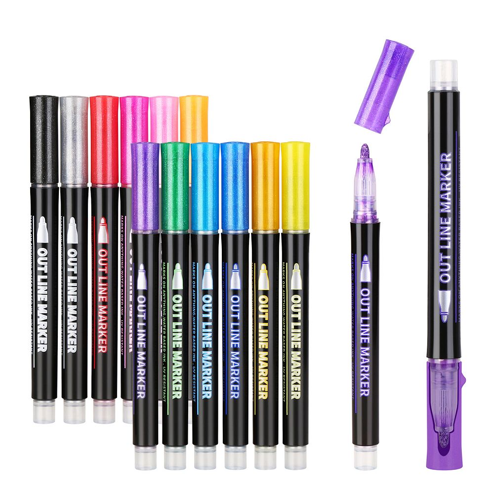 12 Colors Double Line Outline Pens Metallic