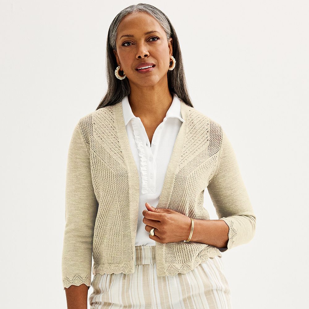 Petite Croft & Barrow® Open Front Pointelle Cardigan
