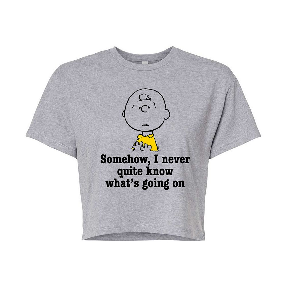 Juniors' Peanuts Charlie Brown What's Going On Cropped Tee
