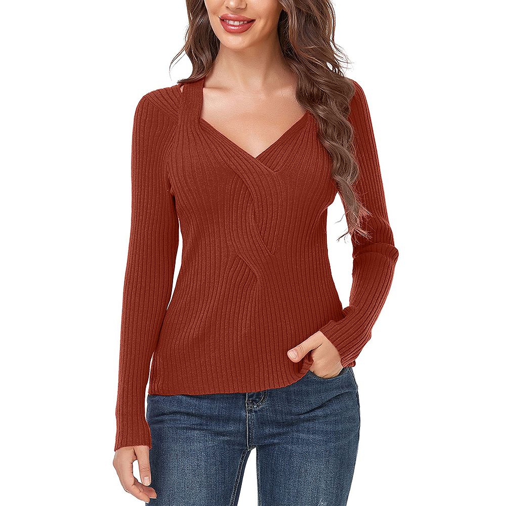 Women's Knitted Ribbed Knitted Tops Charming V Neck Long Sleeve Sweater