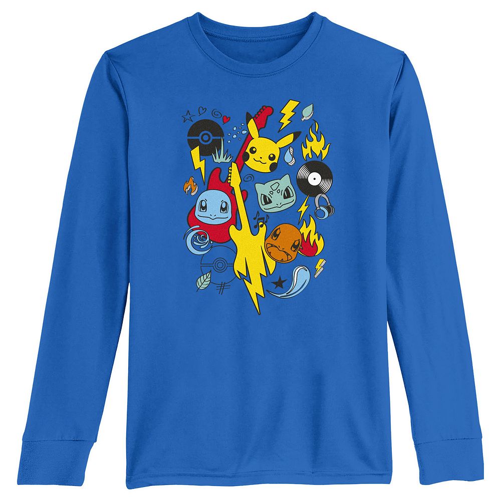 Boys Pokemon Starter Group Rock Music Doodles Long Sleeve Graphic Tee