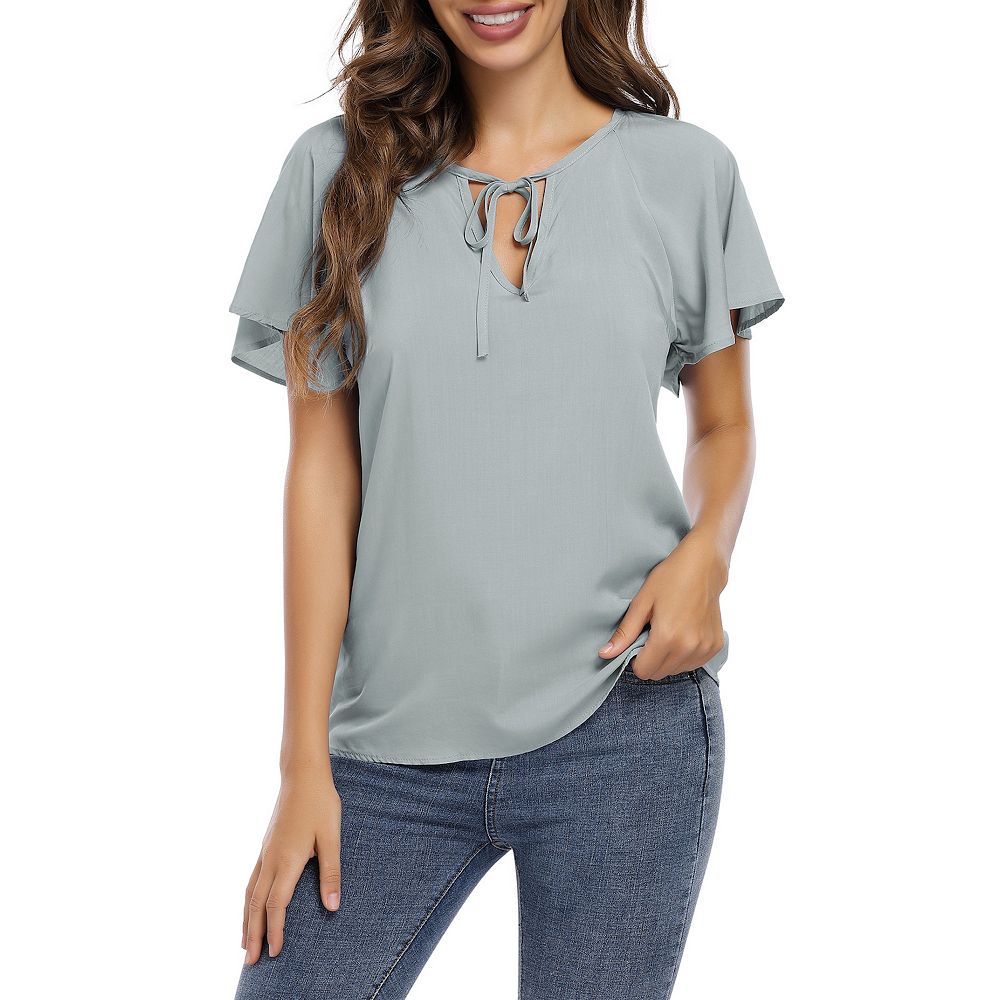 Women Causal Drawstring Blouse,v Neck Short Sleeve Black Tunic Tops