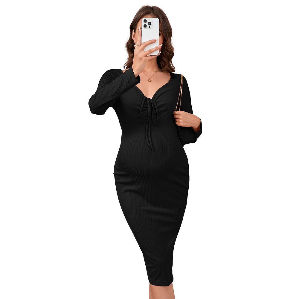 Maternity Ribbed Knit Dress V Neck Adjustable Drawstring Halter Tie ...