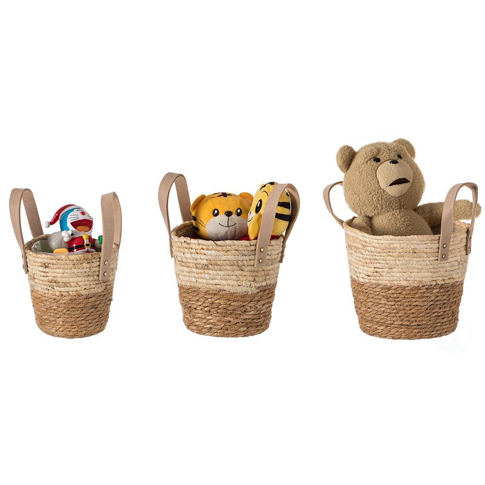 Decorative Brown Corn Rope-Straw Round Storage Basket Set of 3 with ...