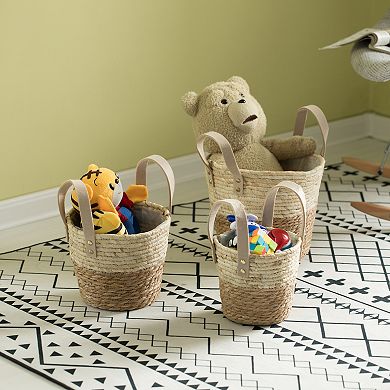 Decorative Brown Corn Rope-Straw Round Storage Basket Set of 3 with ...