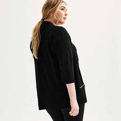 Plus Size Magaschoni 3/4-Length Sleeve Zipper Detail Open Front Cardigan