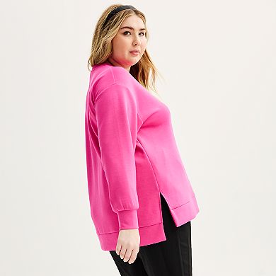 Plus Size Magaschoni Crewneck Pullover Tunic with Side Slits and Step Hem