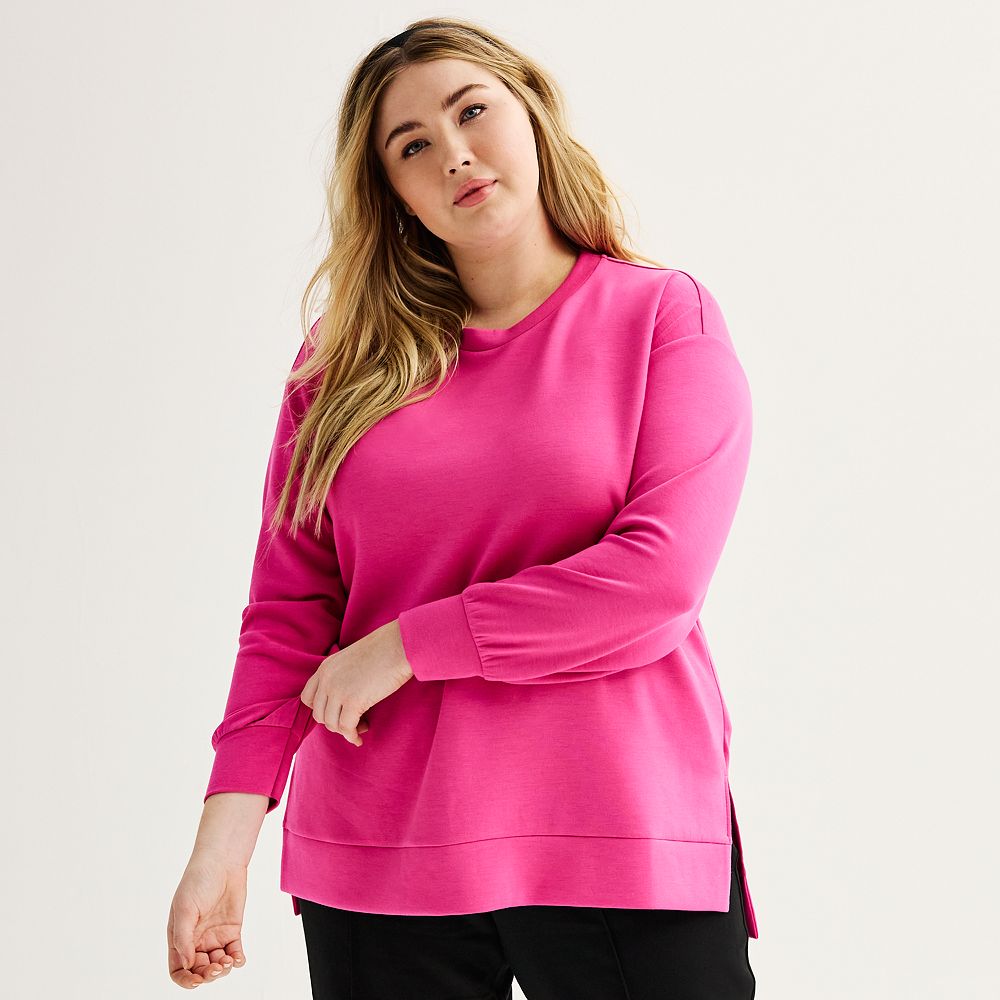 Plus Size Magaschoni Crewneck Pullover Tunic with Side Slits and Step Hem