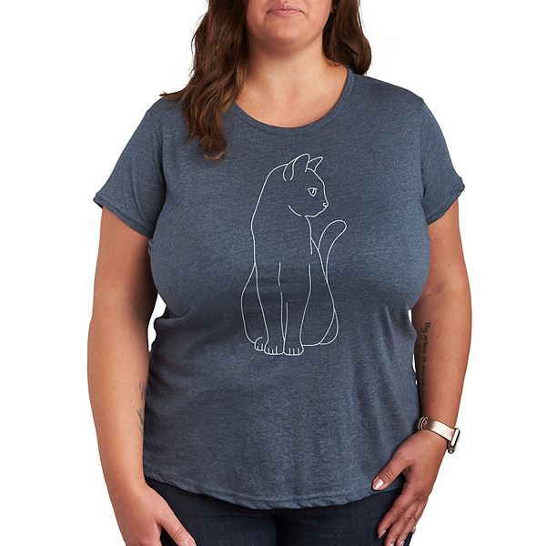 Plus Size White Cat Outline Graphic Tee