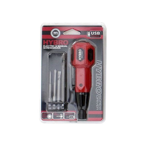Hybro 3.6V USB Electric and Manual Duo Screw Driver with 4 bits, Red