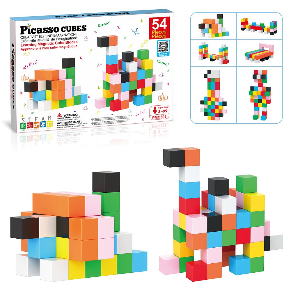 PicassoTiles 54 Piece 1.2" Cube STEM Toy, Magnetic Puzzle, Building ...