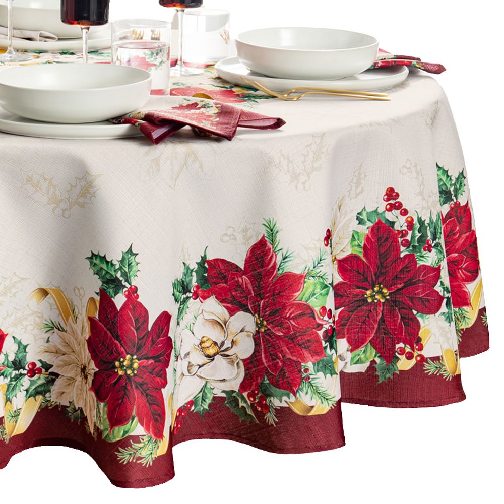 Elrene Home Fashions Poinsettia Garlands Engineered 60"x84" Oval Tablecloth