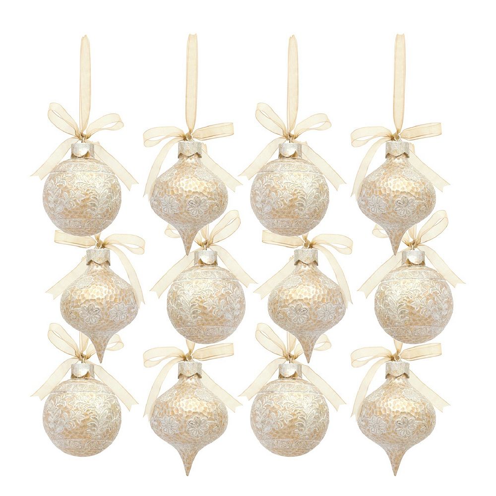 Gold Floral Pattern Ball And Onion Ornament With Bow Accent (set Of 12)