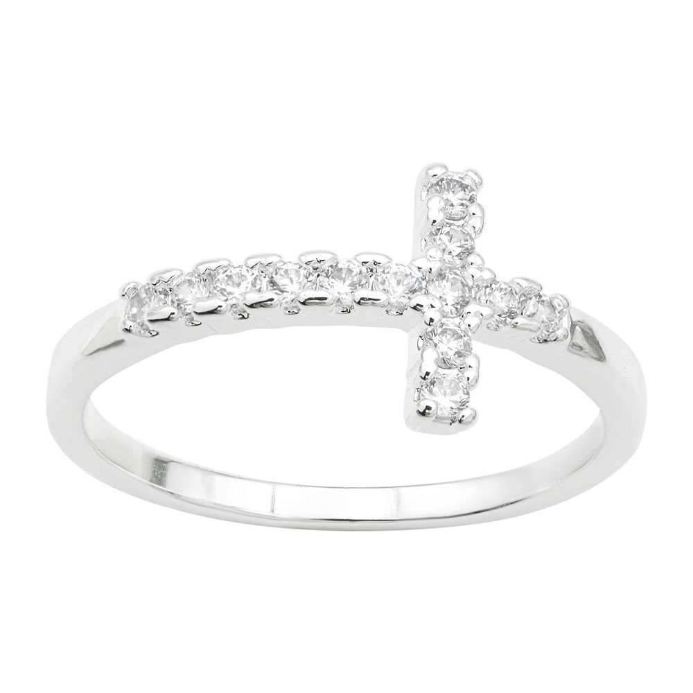 City Luxe Silver Tone Cubic Zirconia Pave East West Mini Cross Ring