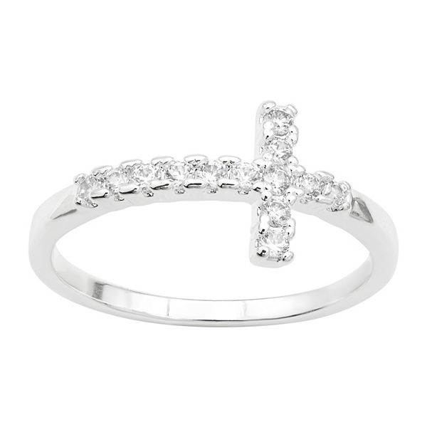 City Luxe Silver Tone Cubic Zirconia Pave East West Mini Cross Ring