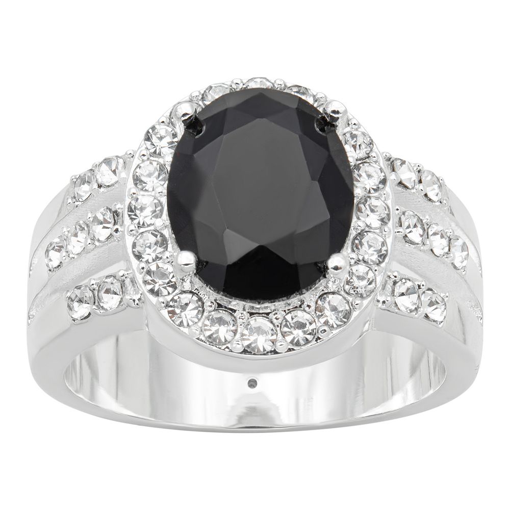 City Luxe Silver Tone Jet Crystal Oval Halo Ring