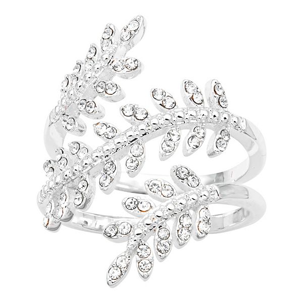 City Luxe Silver Tone Pave Crystal Open Leaf Wrap Ring