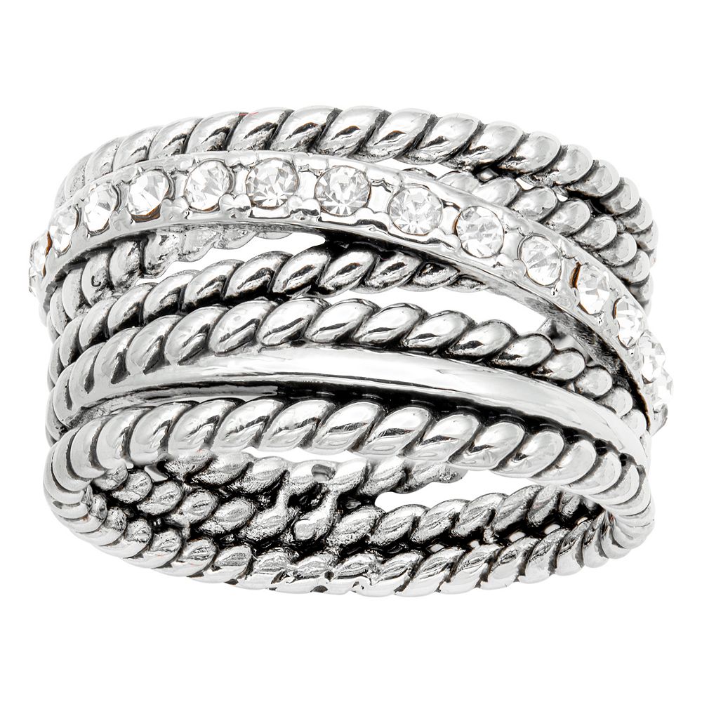 City Luxe Antique Silver Tone Chunky Roped & Crystal Faux Stack Ring