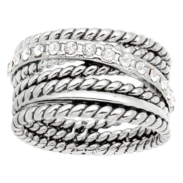 City Luxe Antique Silver Tone Chunky Roped & Crystal Faux Stack Ring
