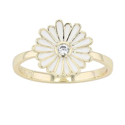 14K Yellow Gold Plated Cubic Zirconia White Enamel Daisy Flower Ring Women s Size 6 Gold Tone