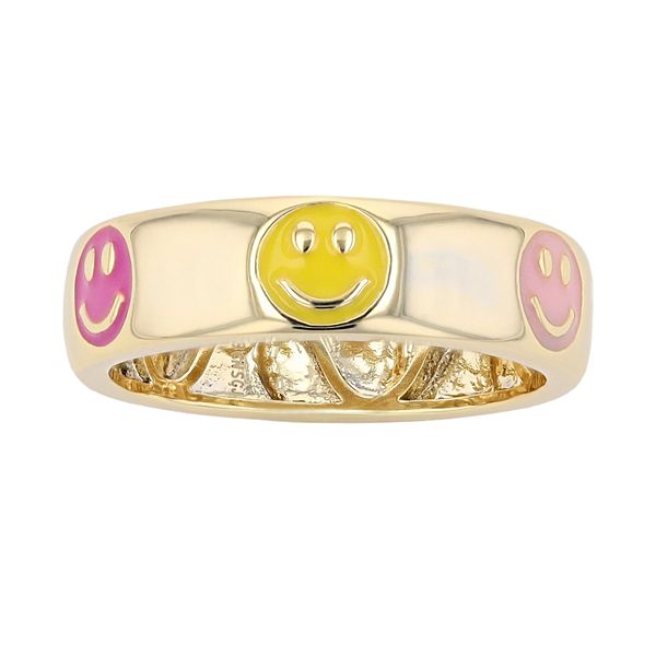 Gold Tone Yellow & Pink Emoji Smiling Face Stacking Band Ring