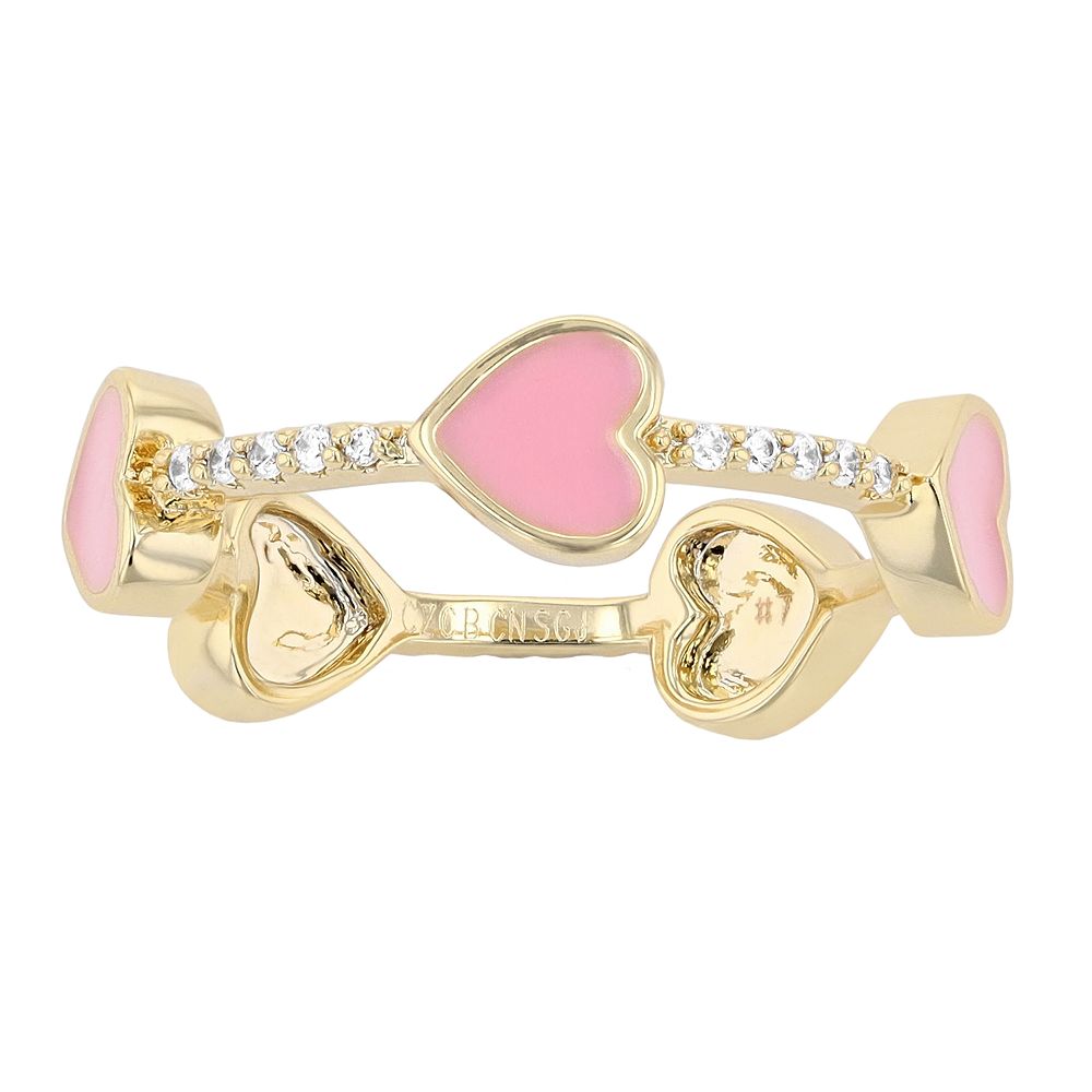 Gold Tone Cubic Zirconia Pink Enamel Heart Stacking Ring