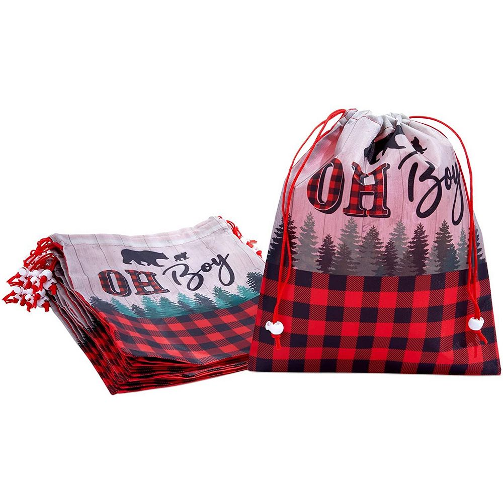 12 Pack Large Buffalo Plaid Drawstring Gift Bag For Boy Baby Shower ...