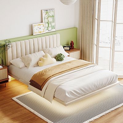 Queen Size Upholstered Bed with Sensor Light and Headboard Floating Velvet Platform Bed Latitude Run Color Pink