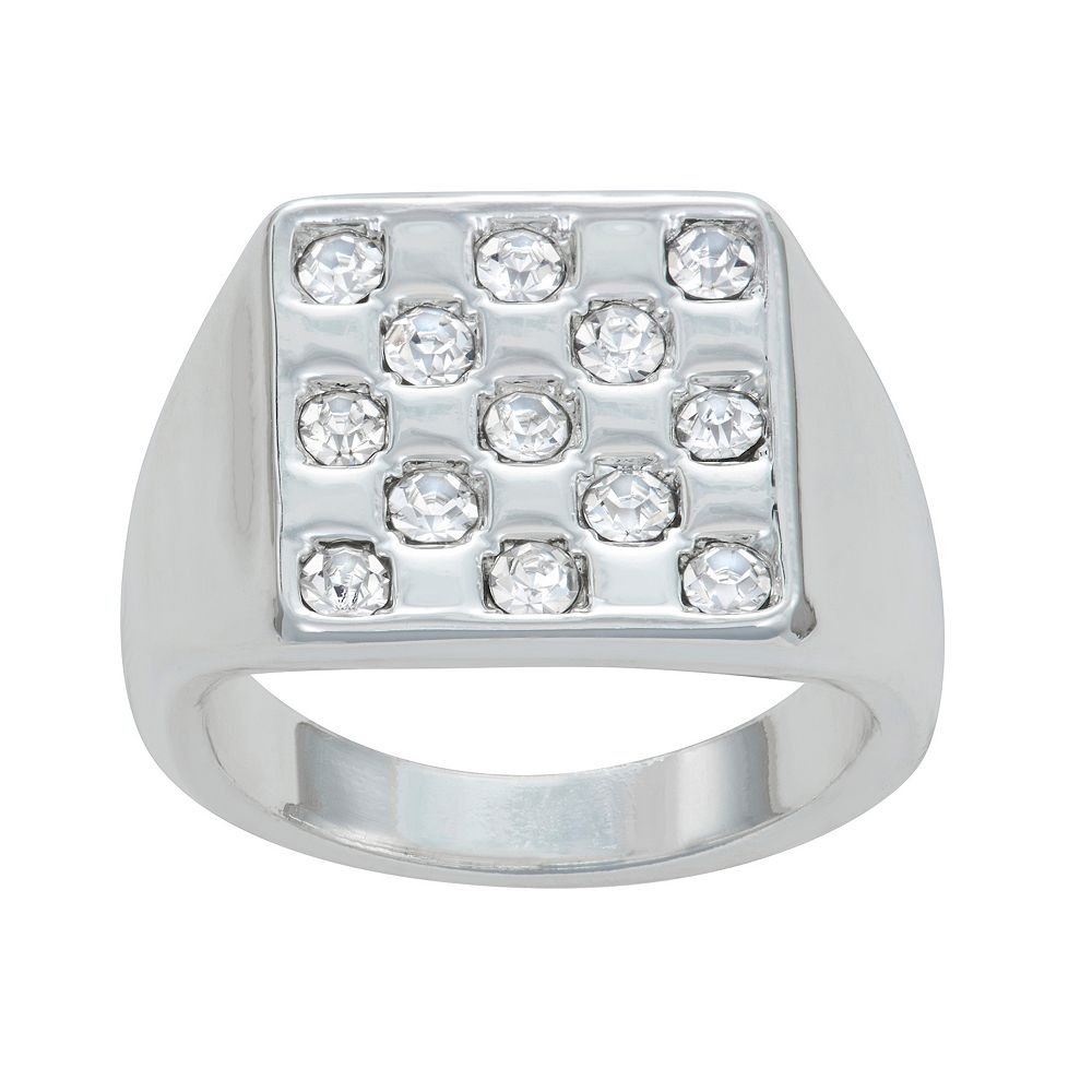 Nine West Silver Tone Crystal Checkered Signet Ring