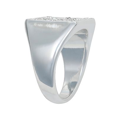 Nine West Silver Tone Crystal Checkered Signet Ring