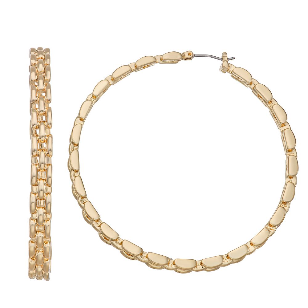 Nine West Gold Tone Brick Chain Click-It Hoop Earrings
