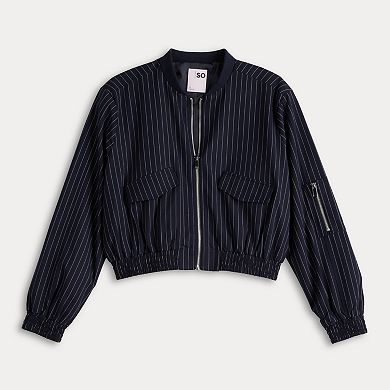 Juniors' SO® Cropped Pinstripe Bomber Jacket