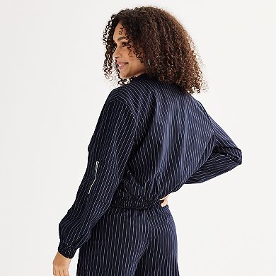 Juniors' SO® Cropped Pinstripe Bomber Jacket