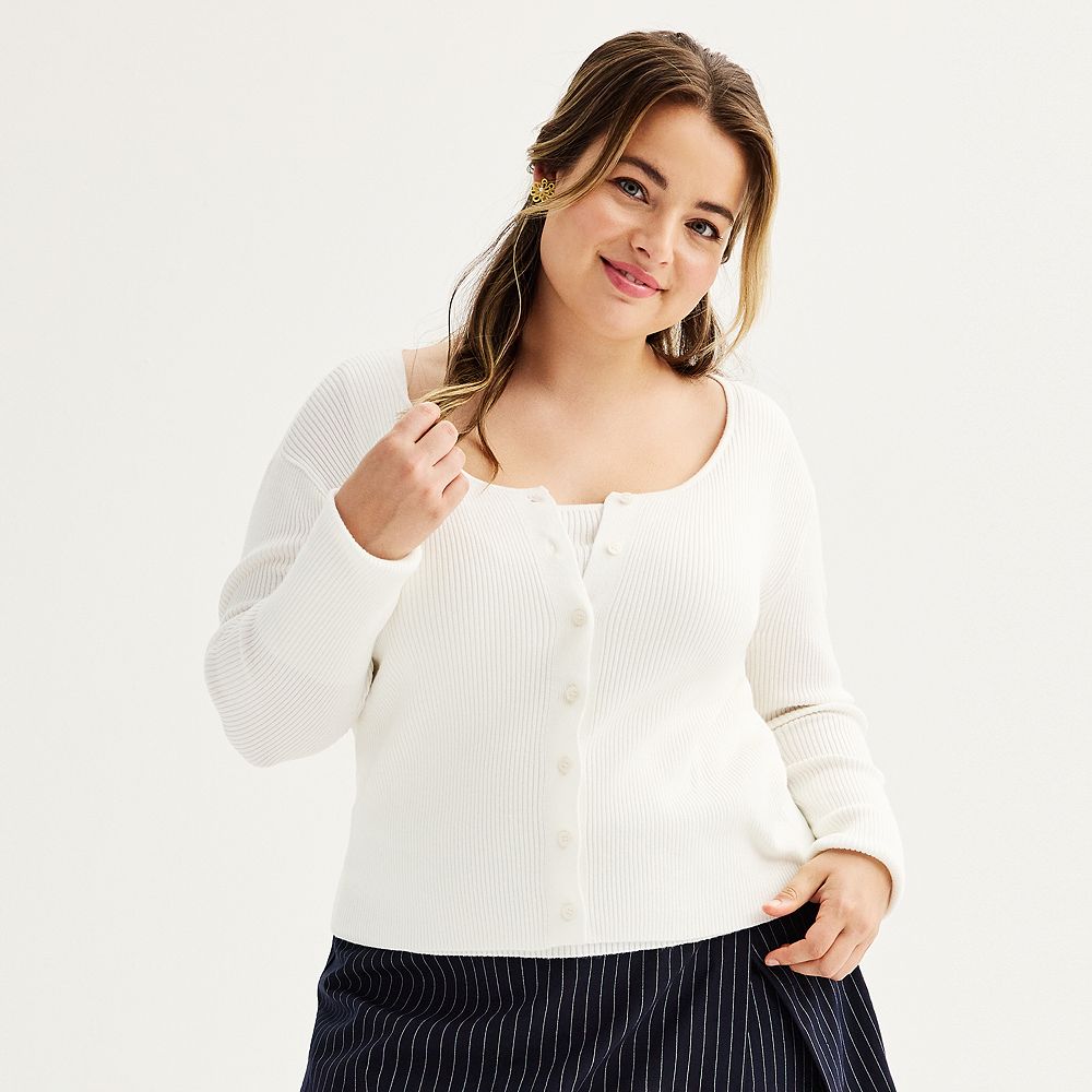 Juniors' Plus Size SO® Rib Button Front Cardigan Sweater