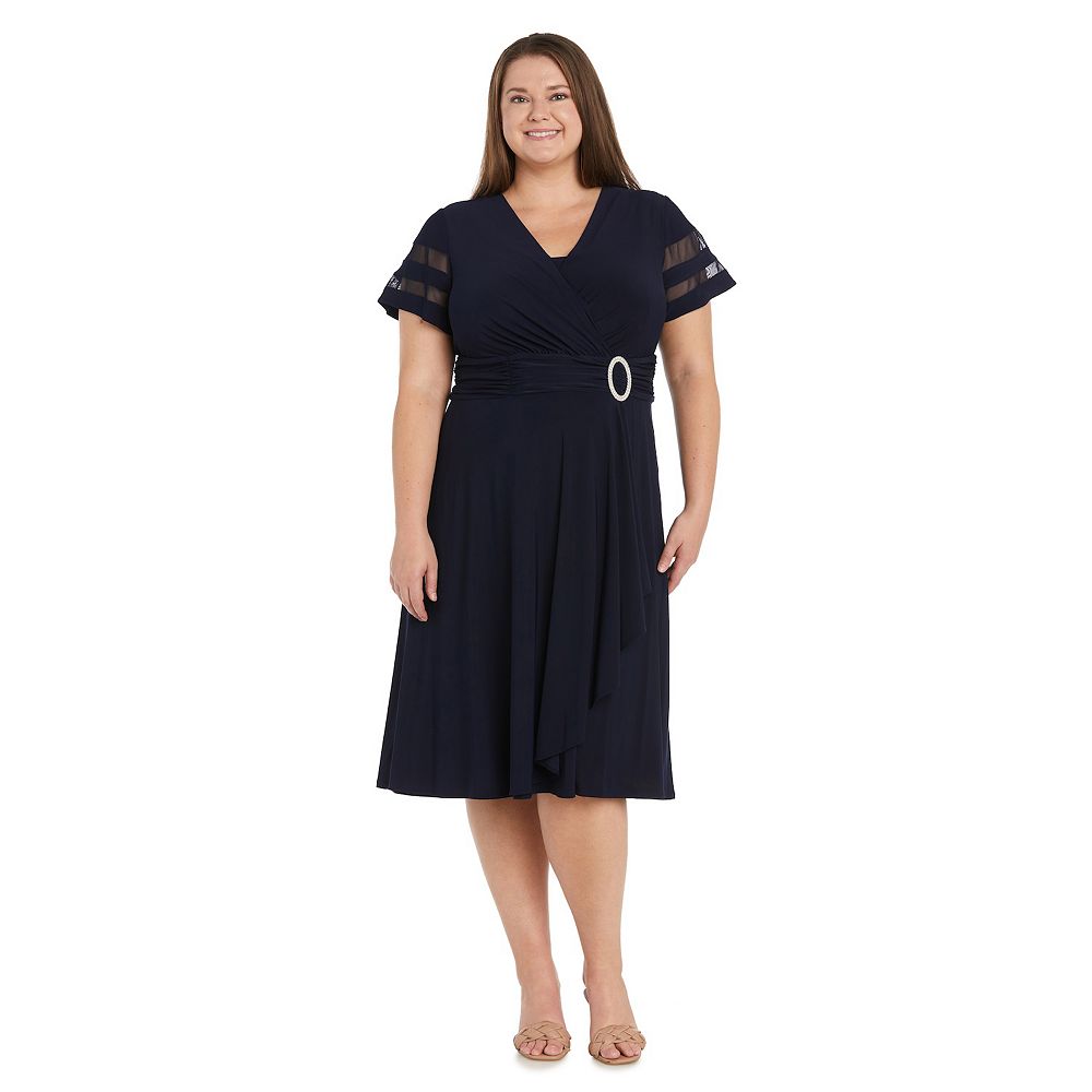 Plus Size R&M Richards Rhinestone Buckled Cascade Wrap Midi Dress