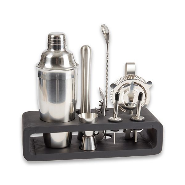 Bey-Berk Mahattan Nine Piece Bar Set with Black Wood Base